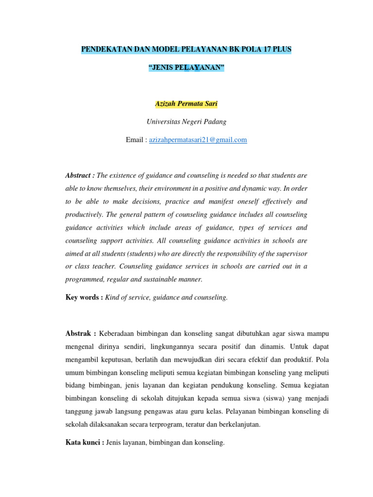 Pendekatan Dan Model Pelayanan BK 17 Plus (Jenis Layanan) | PDF ...