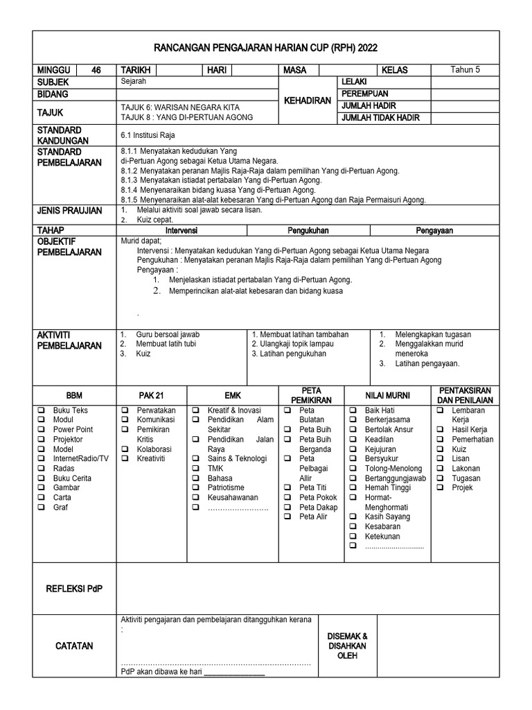 RPH SEJARAH TAHUN 5 M46 | PDF