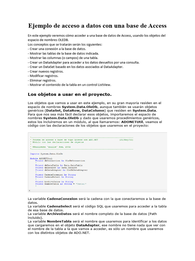 Ejemplo de Acceso A Datos Con Una Base de Access Conexion A Datos | Descargar gratis PDF ...