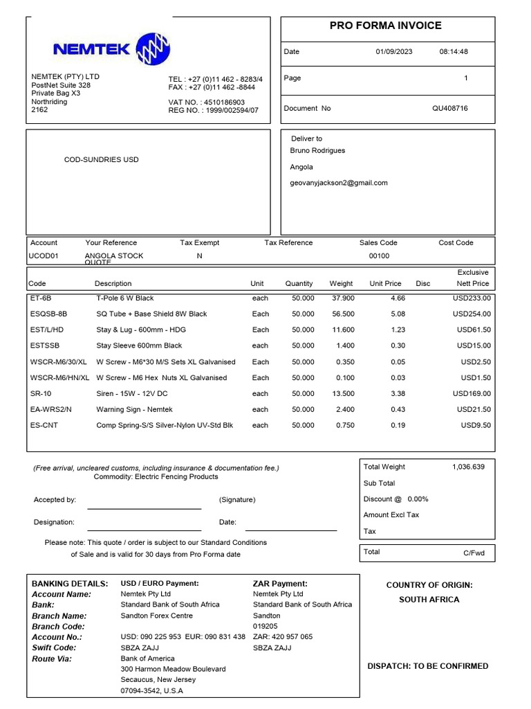 Proforma Invoice - Bruno Rodrigues - PI - BRU.01.09.2023 - QU408716 ...