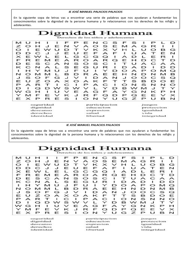 Sopa de Letras Grado 6 Dignidad de La Persona Humana | PDF