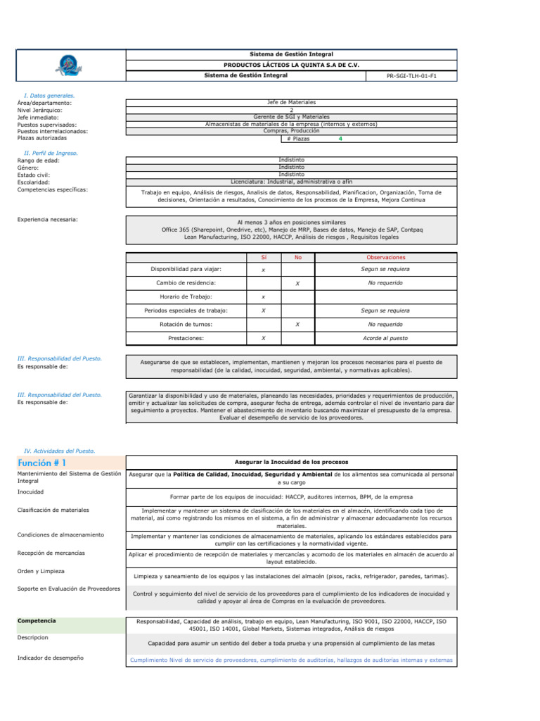 TLH-01-F1 Descripcion de Puestos Jefe de Materiales | PDF | Análisis de Riesgo y Puntos Críticos ...