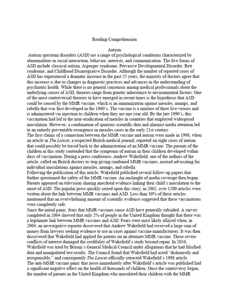 Reading Comprehension 12 | PDF | Autism Spectrum | Vaccination