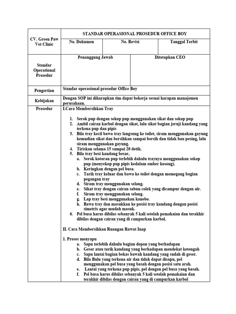 Sop Klinik Green Paw (Office Boy) | PDF