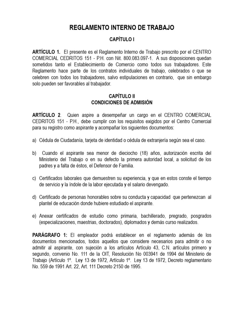 Reglamento Interno de Trabajo Cedritos - 2023 | PDF | Salario | Derecho laboral