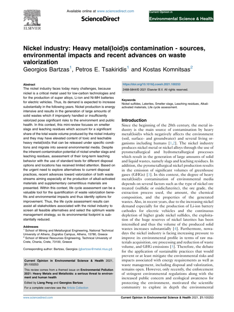 Nickel Industry: Heavy Metal (Loid) S Contamination - Sources ...