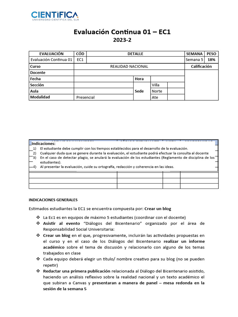 Realidad Nacional - Evaluaciones - EC1 2023-1-BLOG | PDF