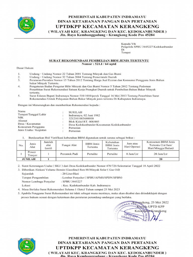 Surat Rekomendasi Deptan | PDF