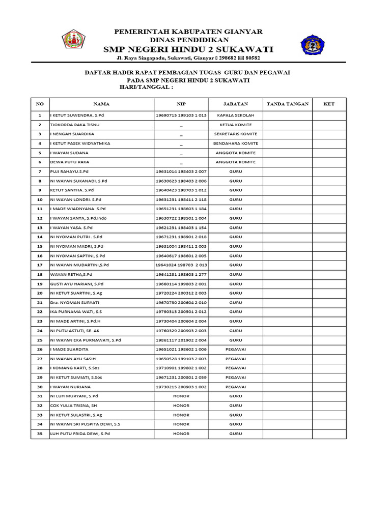 Absen Guru Dan Pegawai 1-23 | PDF