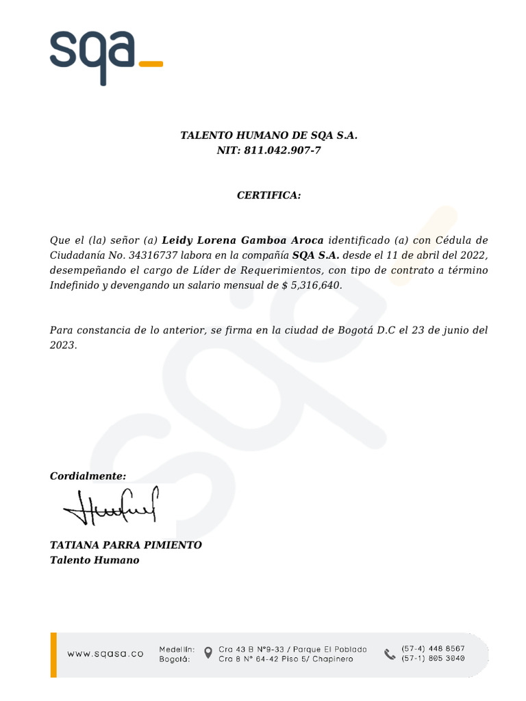 Certificación Laboral de Lorena Gamboa | PDF