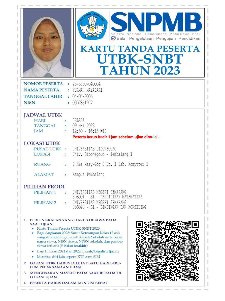 Kartu Peserta UTBK-SNBT 2023 - 23-3550-040004 | PDF