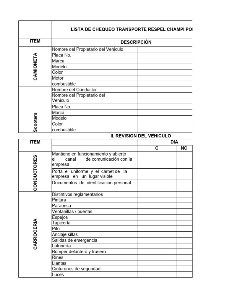 Lista de Chequeo Transporte | PDF