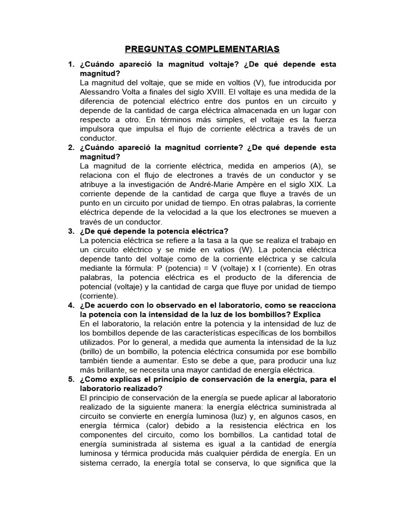 Preguntas Complementarias | PDF | Corriente eléctrica | Ingenieria Eléctrica