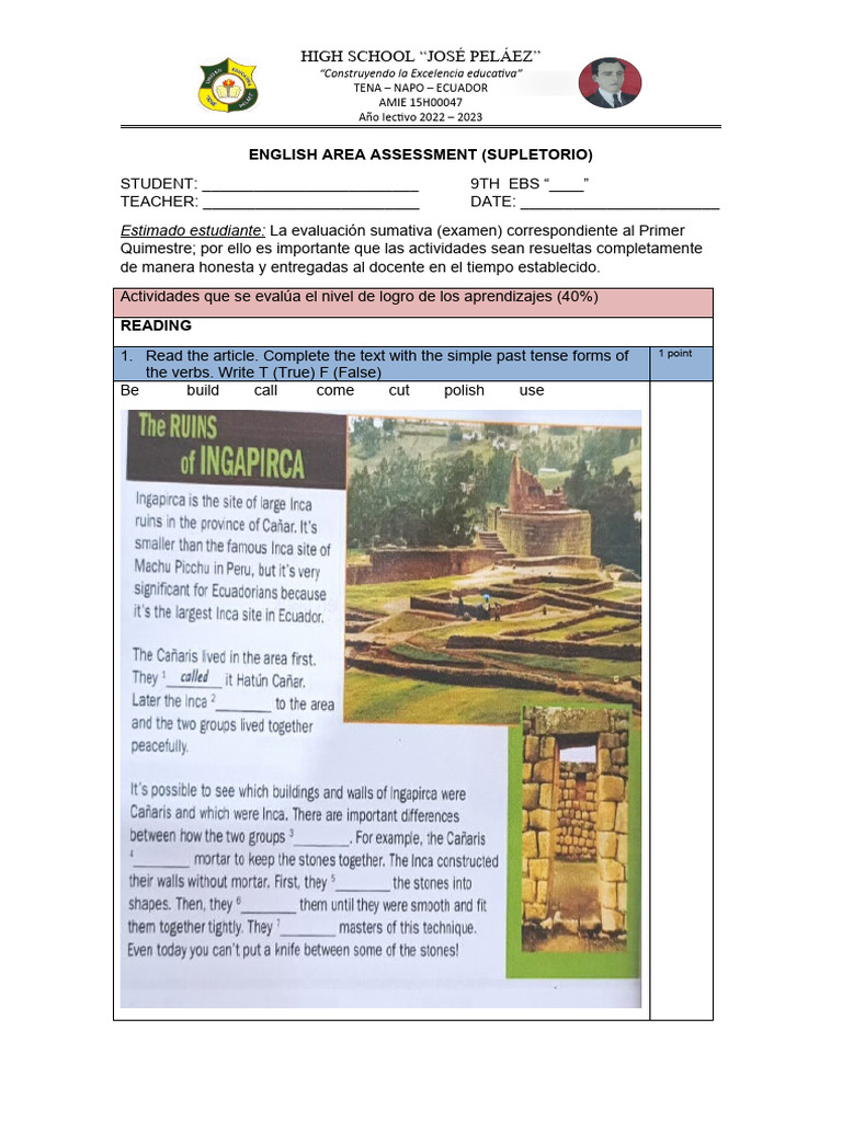 English Area Assessment Examen 9N | PDF