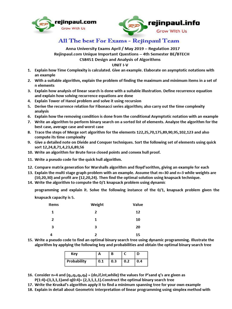 Cs8451 Daa Rejinpaul Iq Am19 Pdf Recurrence Relation Time Complexity