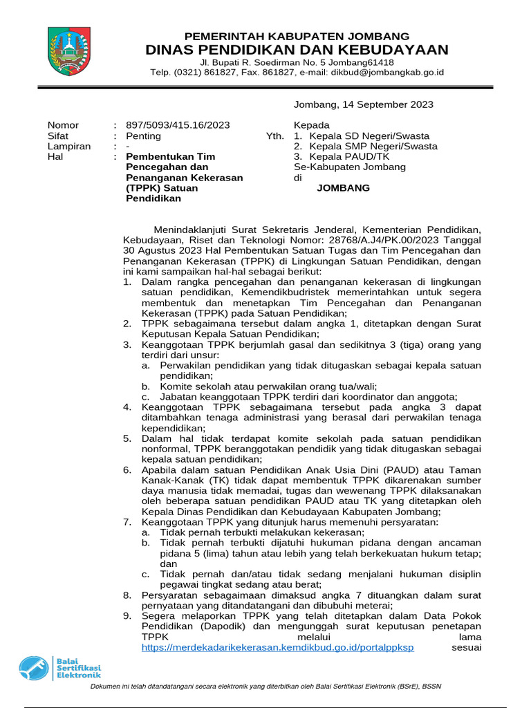 Pembentukan Tim Pencegahan Dan Penanganan Kekerasan (TPPK) Satuan Pendidikan | PDF