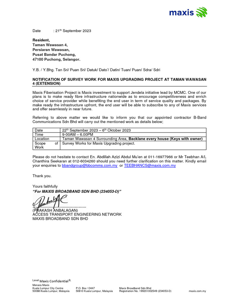 Maxis Official Letter - Taman Wawasan 4 Survey Notification Letter ...