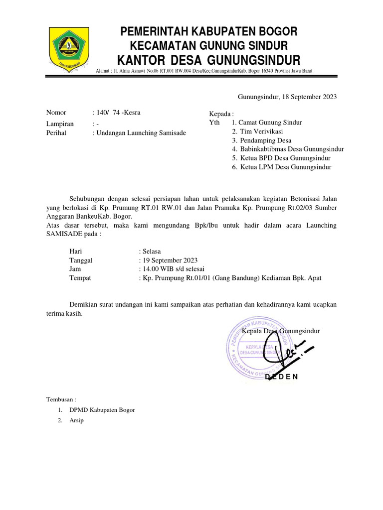 Undangan Launching Samisade Desa Gunungsindur Th. 2023 | PDF