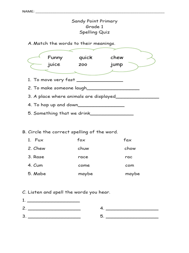 Grade 1 Spelling and Vocabulary Quizzes | PDF | Language Arts ...
