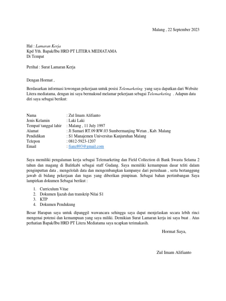 Surat Lamaran Litera Mediatama | PDF