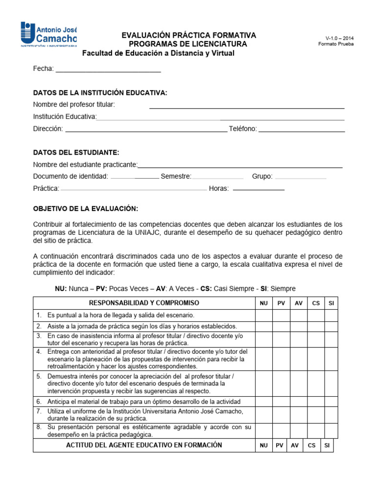 FORMATO EVALUACIÓN PRÁCTICA FORMATIVA | PDF | Maestros | Evaluación