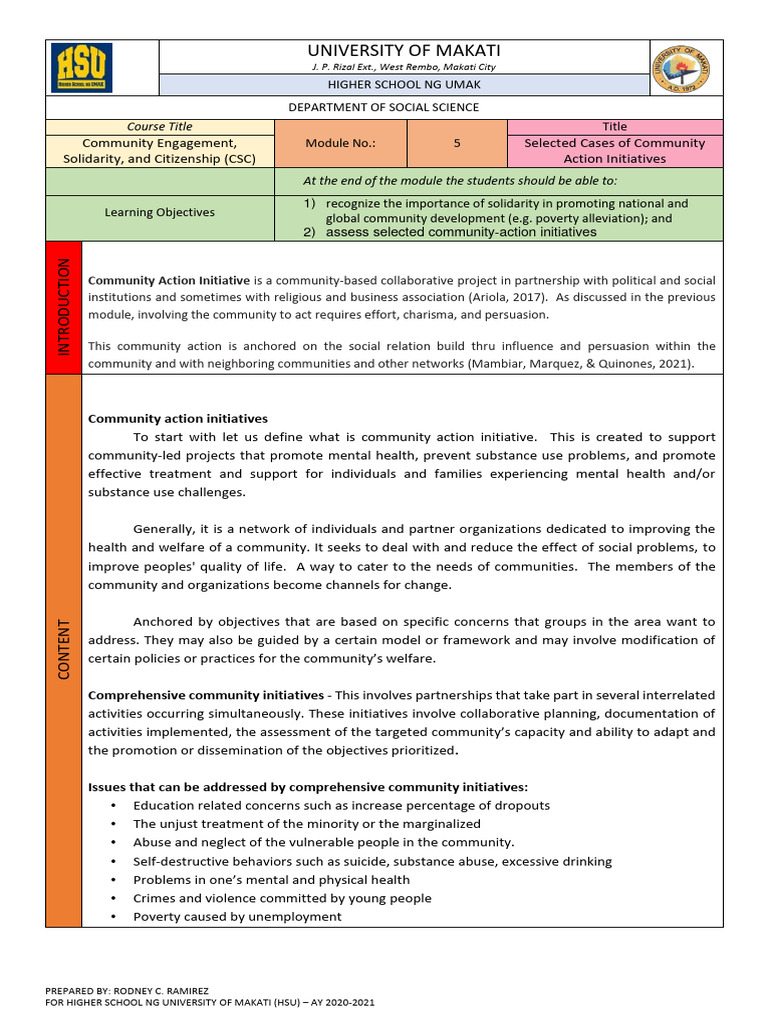 Week 5 - Selected Cases of Community Action Initiatives | PDF