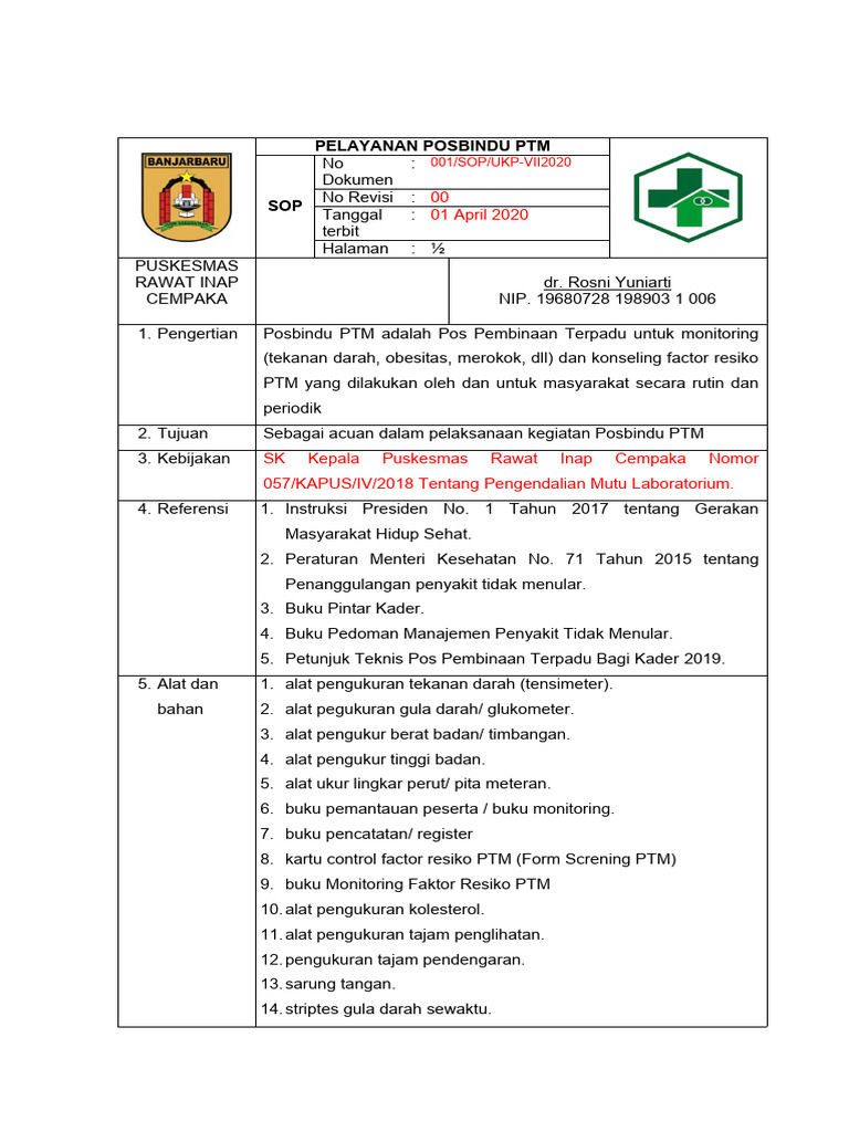 SOP Posbindu PTM Puskesmas Cempaka | PDF