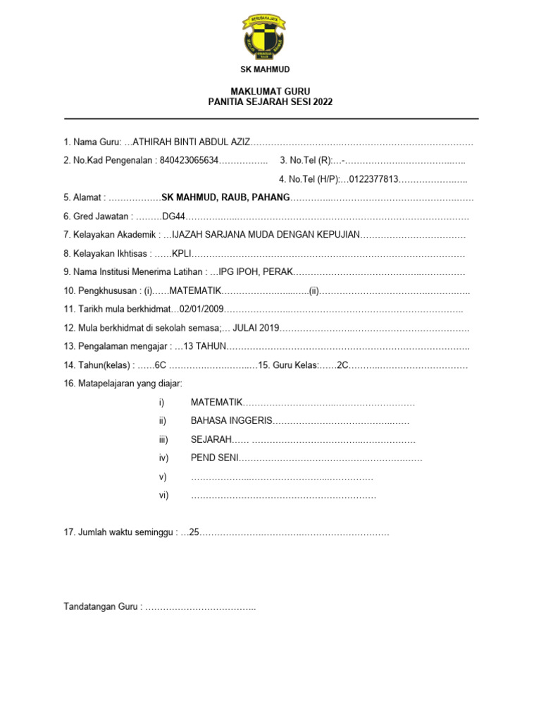 Borang Peribadi Guru Sejarah | PDF