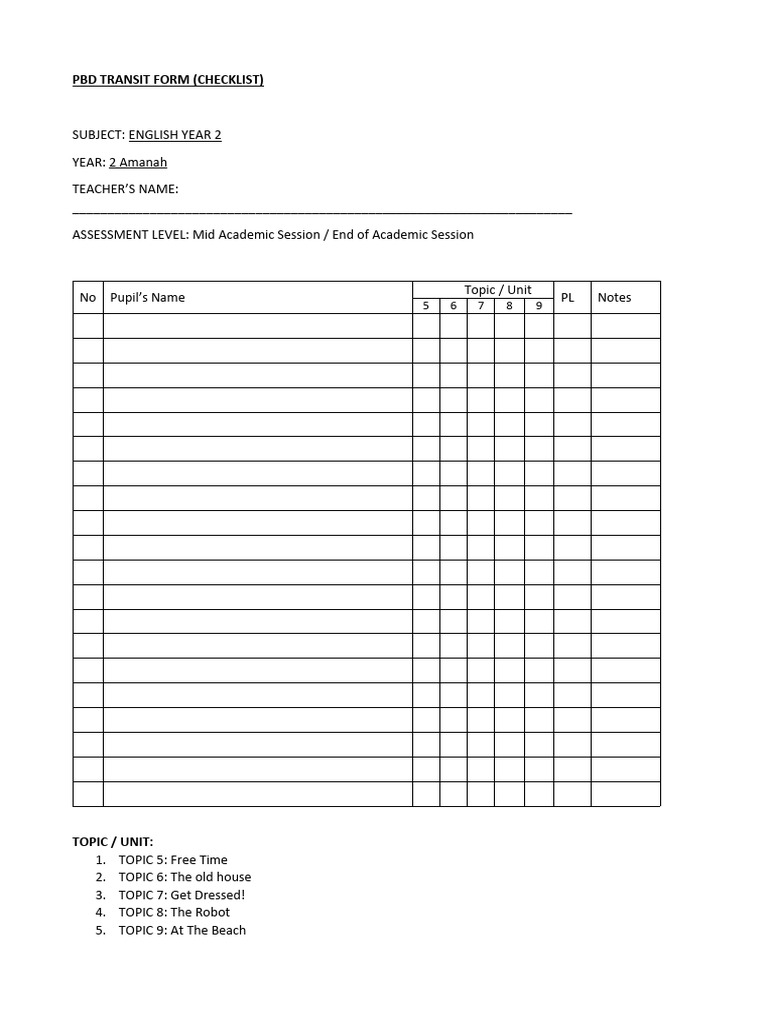 9. PBD TRANSIT FORM - ENG YEAR 2 (Checklist) | PDF | Learning | Cognition