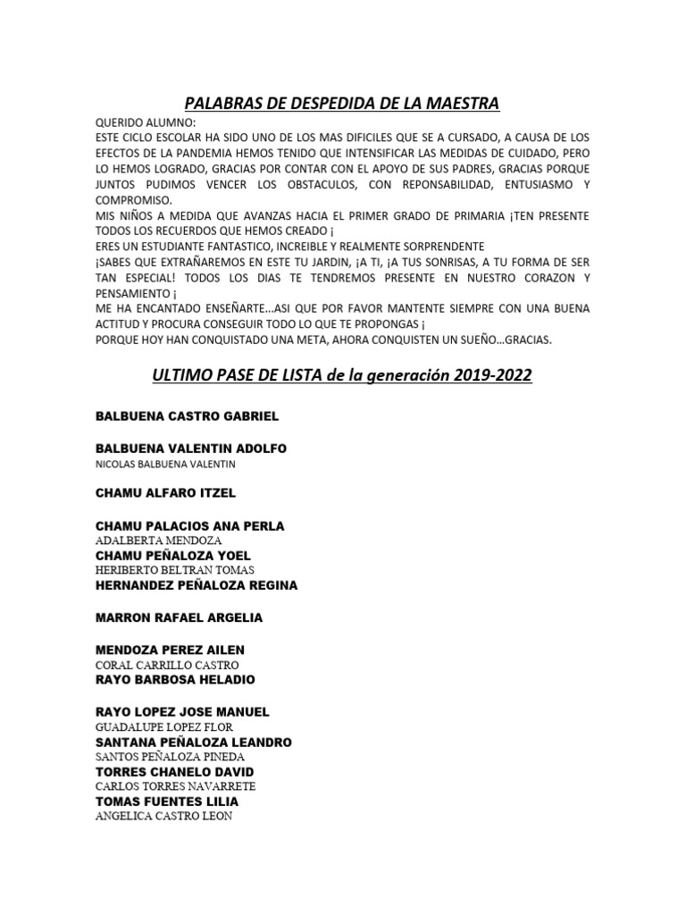 Despedida emotiva de la maestra a alumnos | PDF