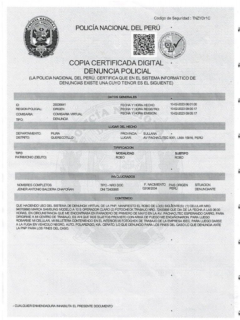 Denuncia Pnp-Jeiner Antonio Baldera Chapoñan | PDF