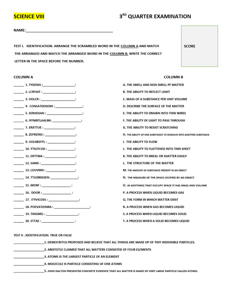 Science VIII 3rd Quarter Exam Guide | PDF | Matter | Liquids