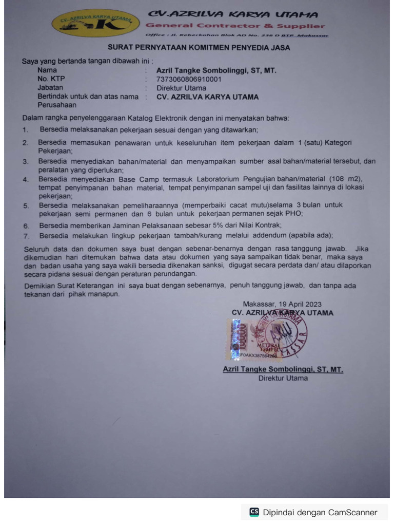 Surat Pernyataan Komitmen Penyedia Jasa | PDF