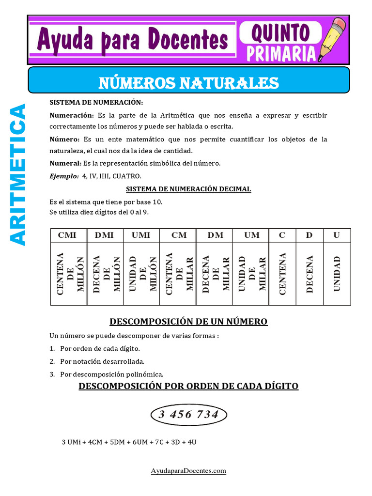 Fichas de Numeros Naturales para Quinto de Primaria | PDF