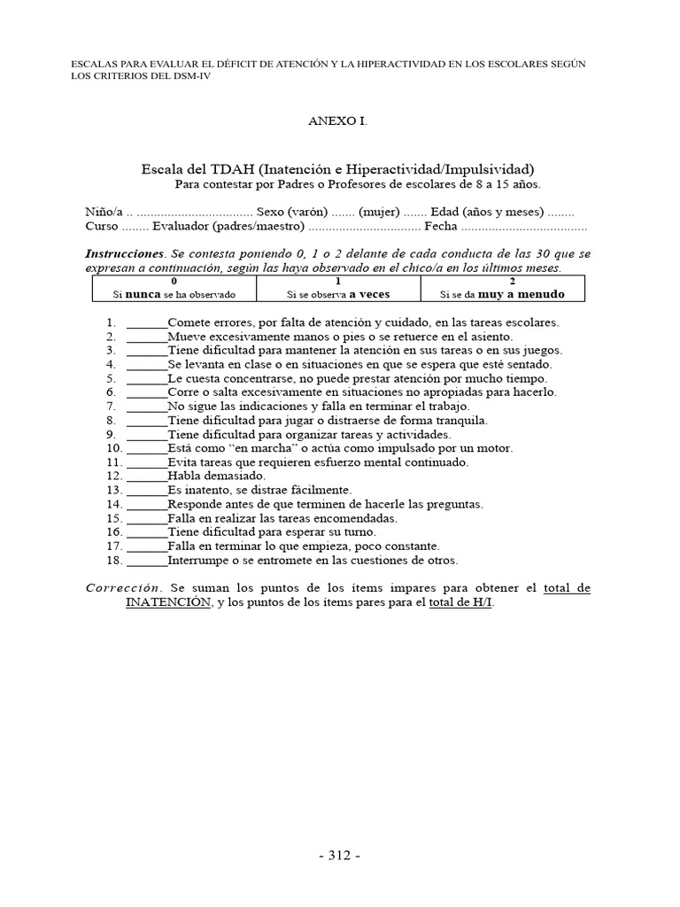 Escala TDAH para Escolares DSM-IV | PDF | Desorden hiperactivo y ...