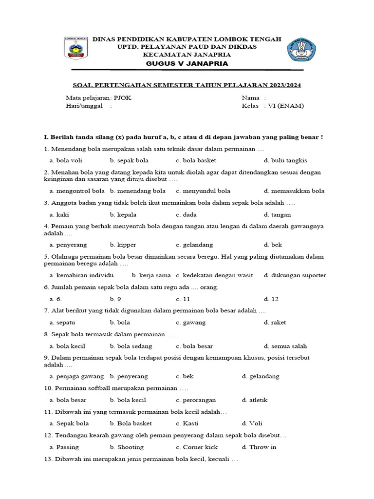Soal PTS Pjok KLS 6 1 | PDF