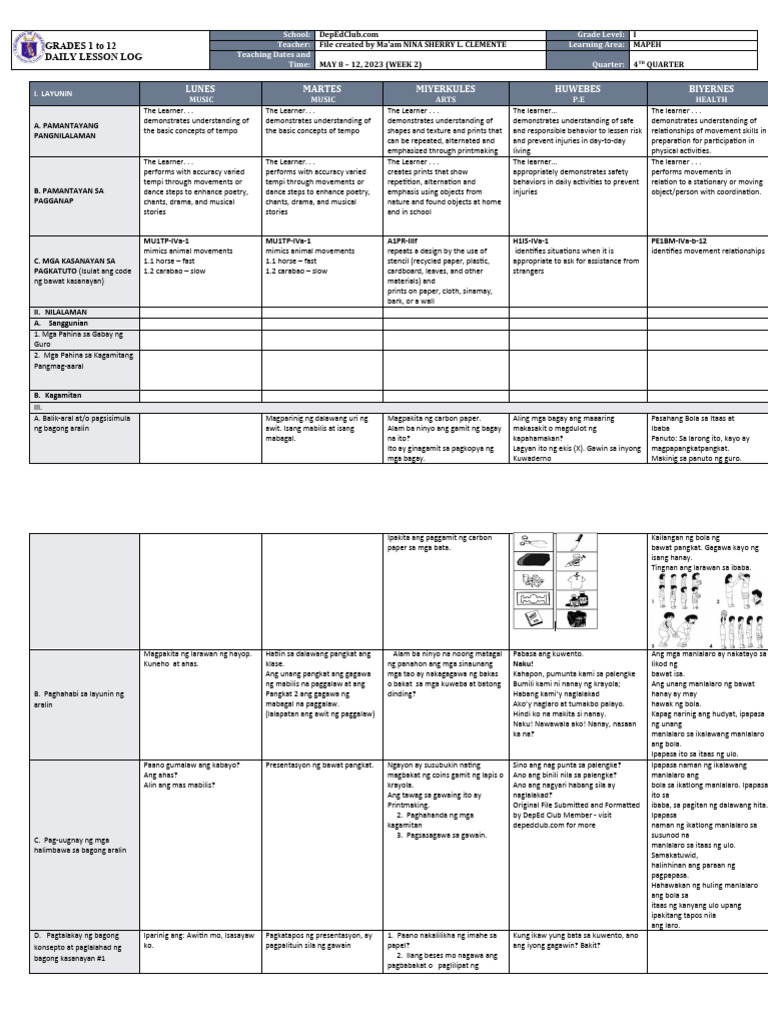 DLL - Mapeh 1 - Q4 - W2 | PDF