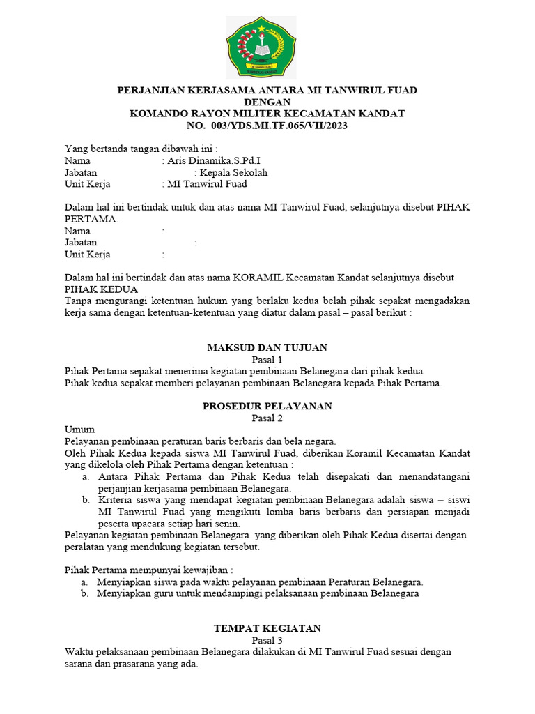 Contoh Mou Sekolah Dengan Koramil | PDF