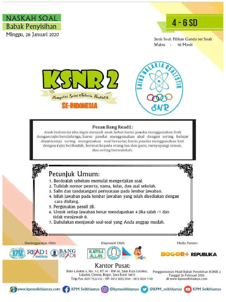 Soal KSNR Kelas 5-6 Babak Penyisihan Tahun 2020 | PDF