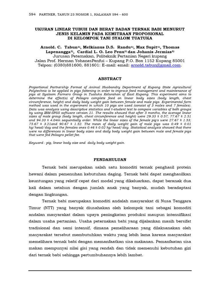 Ukuran Linear Tubuh Dan Bobot Badan Ternak Babi Menurut Jenis Kelamin ...