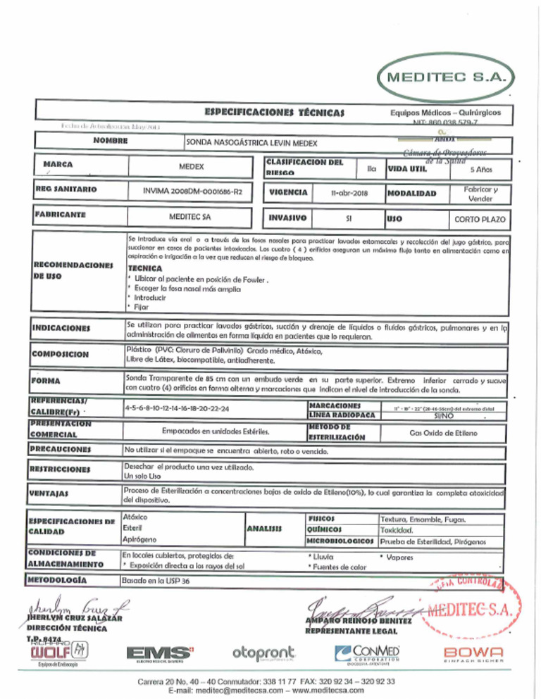 FT SONDA NASOGASTRICA LEVIN Ficha Tecnica MEDITEC S.A. MEDEX | PDF