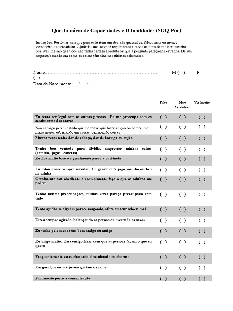SDQ-Por Questionário de Capacidades e Dificuldades(Criança) (2) | PDF