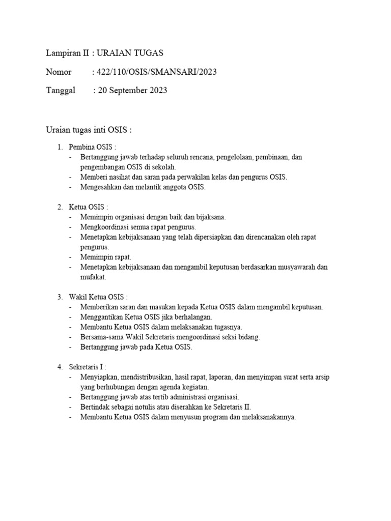 Uraian Tugas Osis | PDF