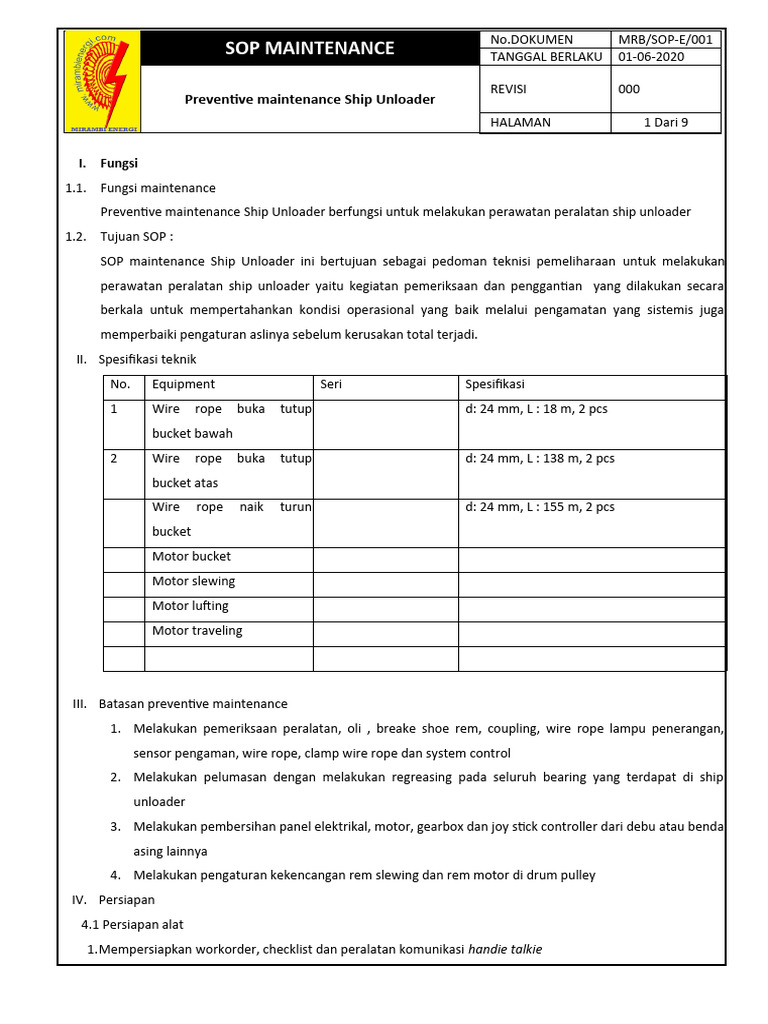 SOP Maintenance Ship Unloader Parit Baru | PDF
