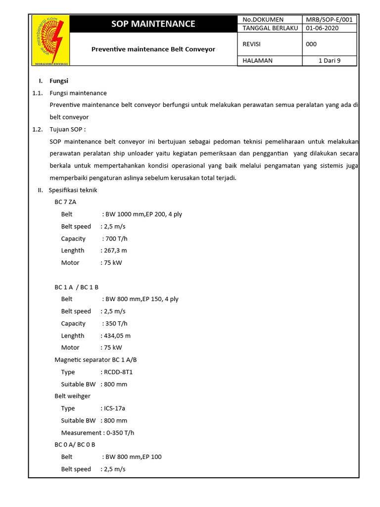 SOP-preventive Maintenance Belt Conveyor | PDF