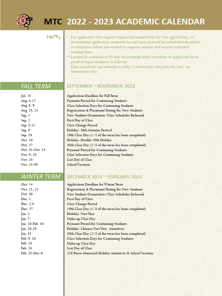 MTC NTNU 2022-2023 Academic Calendar | PDF | Academic Term