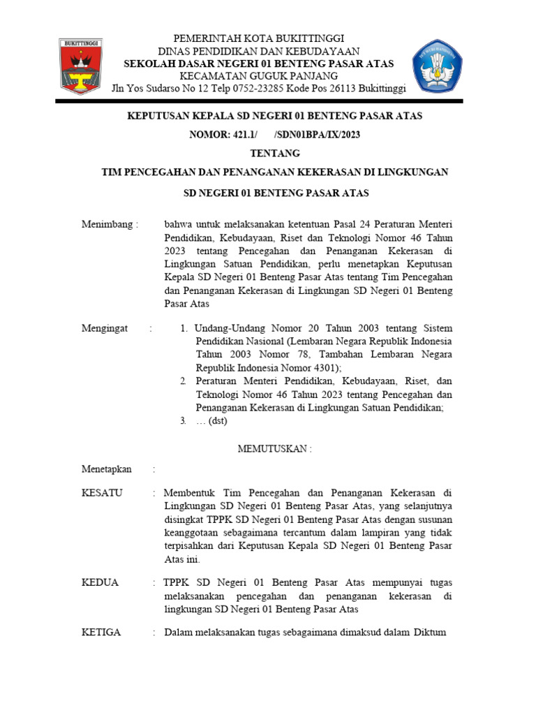 Lampiran 2 - Contoh SK Kepala Satuan Pendidikan Pembentukan TPPK | PDF