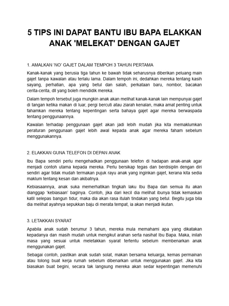 5 Tips Ini Dapat Bantu Ibu Bapa Elakkan Anak 'Melekat' Dengan Gajet | PDF | Kesehatan Holistik