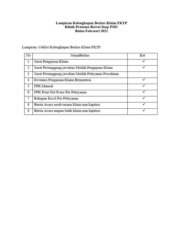 Ceklist Berkas Klaim FKTP Klinik PMC | PDF
