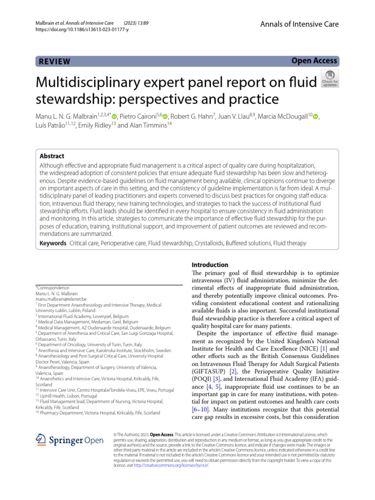 Multidisciplinary Expert Panel Report On Fluid Stewardship: Perspectives and Practice | PDF